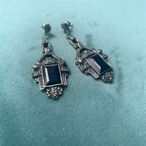 Beautiful Marcasite And Black Onyx Art Deco Earrings In 925 Sterling
