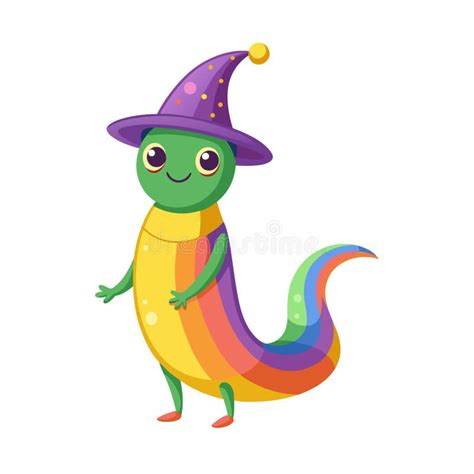 Cute Cartoon Lizard Wizard Character With Rainbow Body And Pointed Hat Stock Vector