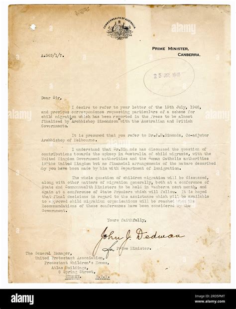 Historical Letter From The Australian Prime Ministers Office Regarding
