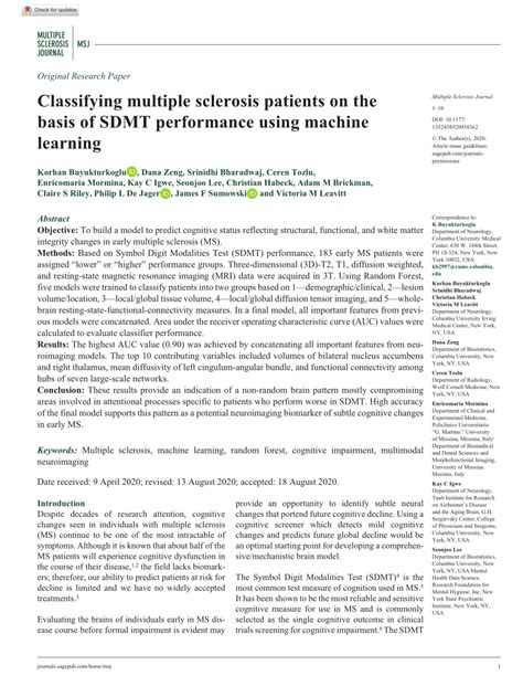 Pdf Classifying Multiple Sclerosis Patients On The Basis Of Sdmt Performance Using Machine