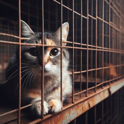 Premium AI Image | Stray homeless cat in animal shelter cage ai generative