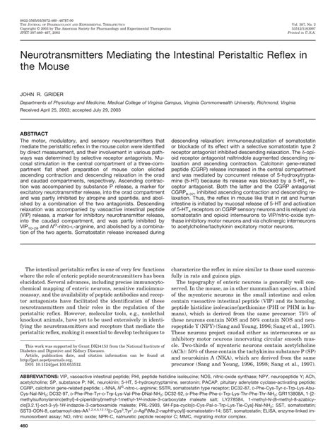 Pdf Neurotransmitters Mediating The Intestinal Peristaltic Reflex In