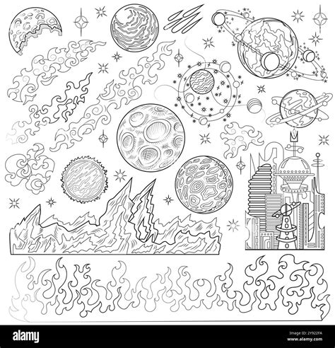 Hand Drawn Illustration With Set Of Retro Future Space Planets Surfaces And Objects Line Art