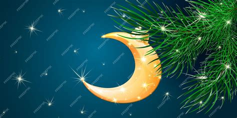 Premium Vector Green Fir Tree Branch With Hanging Golden Shiny Moon