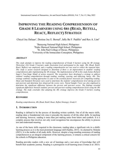 Improving The Reading Comprehension Of Grade 8 Learners Using 4rs Read