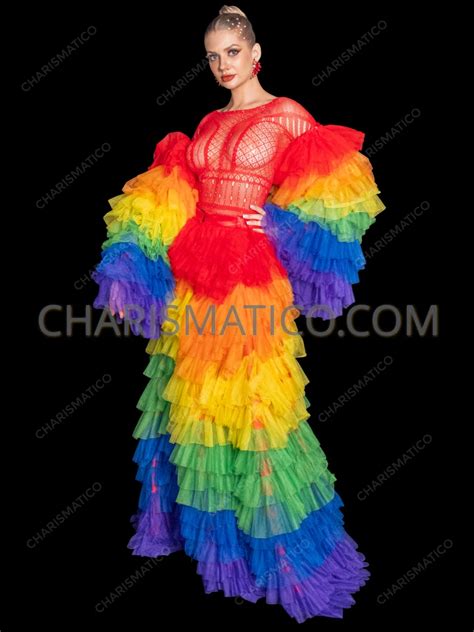 Gay Pride Rainbow Tulle Ruffle Skirt And Dramatic Sleeve Set