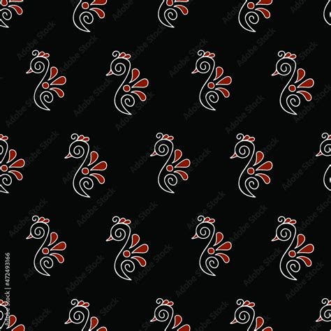 Seamless Repeat Pattern With Cute Simple Peacock Like Freehand Style