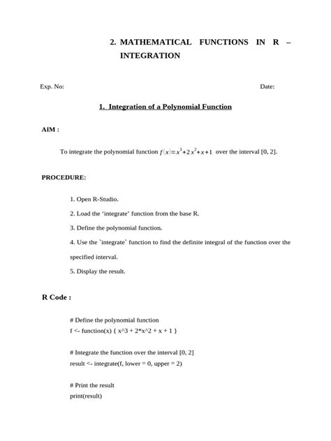 Lab 2 Mathematical Functions In R Pdf Function Mathematics Integral