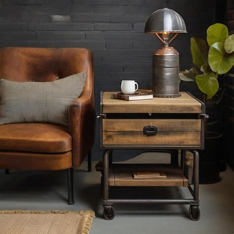 Rustic Side Table In Industrial Lounge Premium Ai Generated Image
