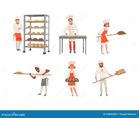 Professional Bakers Baking Bread And Pastries Set Bakehouse Workers