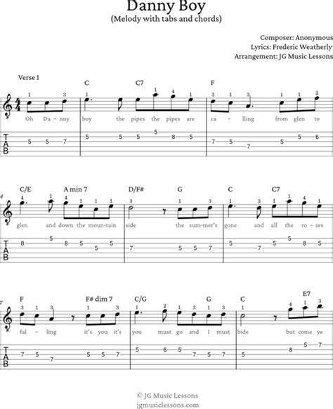 Danny Boy Guitar Tabs Chords Melody And Arrangement Jg Music Lessons