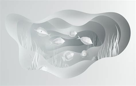 종이 수 중 물고기 돌 조류 파도 해저 바다 동굴 종이 컷 깊은 스타일의 3d 렌더링 깊은 해양 생물 다이빙 개념입니다 오션 와일드 라이프 그림자에 대한 스톡 사진 및 기타