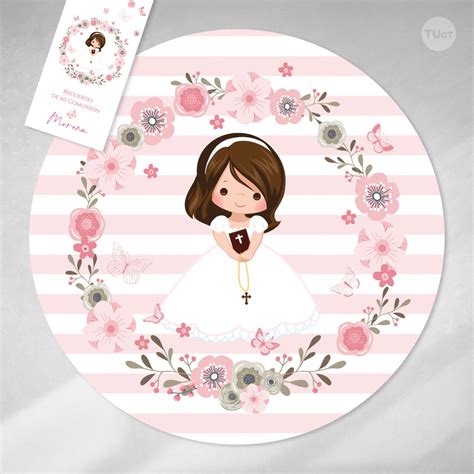 Kit Imprimible Bautismo Comunión Nena Flores Rosas Rayas Tukit