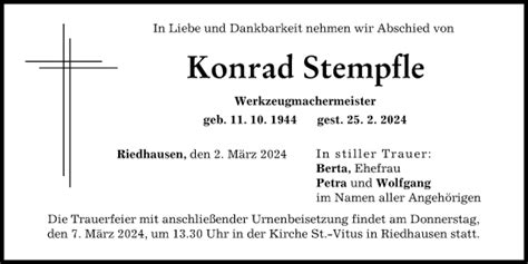 Traueranzeigen Von Konrad Stempfle Augsburger Allgemeine Zeitung