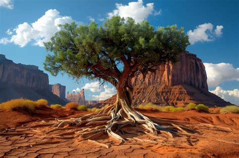 Tree In Desert Split Trunk And Large Visible Roots Concept Nature