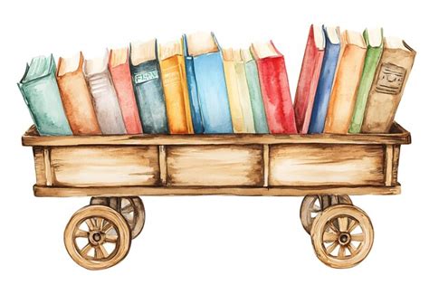 Watercolor Illustration Of A Wooden Cart Filled With Books Premium Ai
