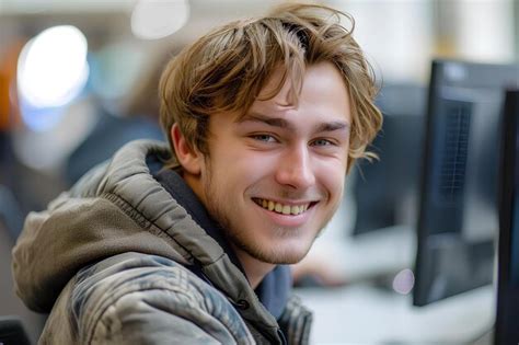 A Young Man Sitting In Front Of A Computer Monitor Premium Ai Generated Image