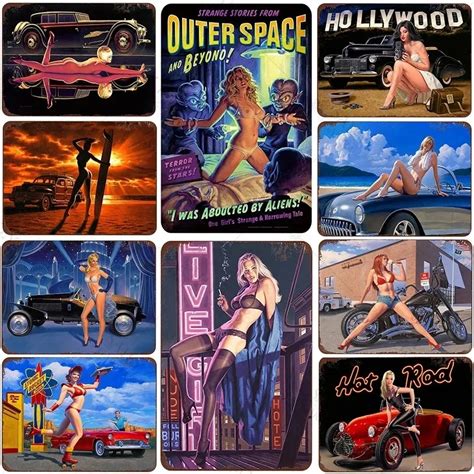 Pin Up Girl Tin Signs Vintage Retro Sexy Girl Metal Plate Painting Wall Art Decoration For