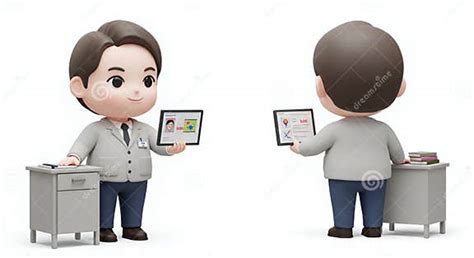 Representación 3d De Chibi Obrero Social Con Tableta Y Gráficos Aislados En Blanco Stock De