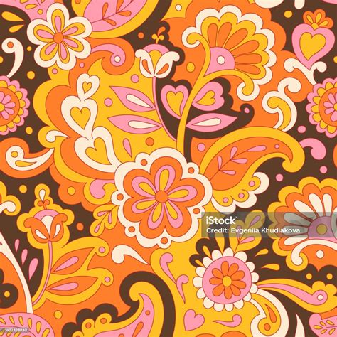 다채로운 민속 환각적인 이음새가 없는 무늬 복고풍 민족 장식품 빈티지 벡터 배경 히피 70 년대 스타일의 그루비 섬유 인쇄물 꽃 모티프 꽃 식물에 대한 스톡 벡터 아트 및