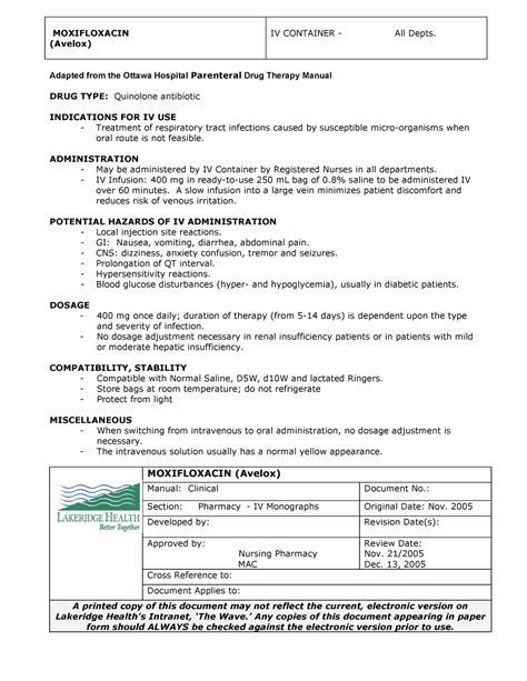 Avelox Monograph Moxifloxacin Avelox Iv Container All Depts