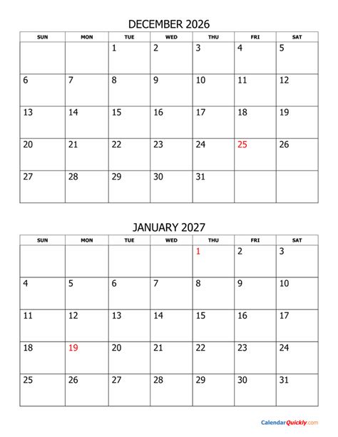 December 2026 January 2027 Calendar Calendars 2025