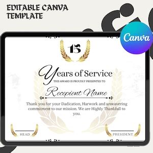 Editable Years Of Service Award Certificate Employee Work Anniversary