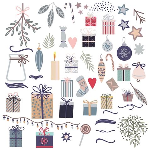 Christmas Collection Of Cute Xmas Elements In Rustic Style Premium Vector