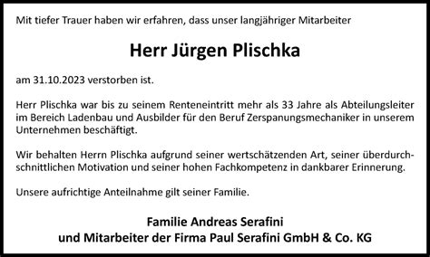 Traueranzeigen Von Jürgen Plischka Trauer In Nrw De