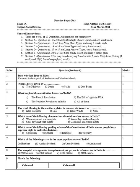 Practice Paper 4 Class 9 Sst Pdf La Marseillaise Political Science