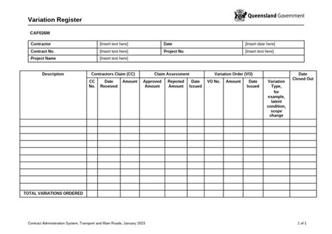 Variation Register Template Pdf
