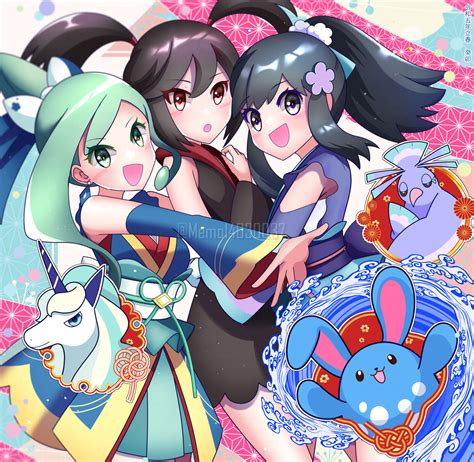 Safebooru 3girls D O Alternate Color Azumarill Bare Shoulders Black Hair Blush Dawn New
