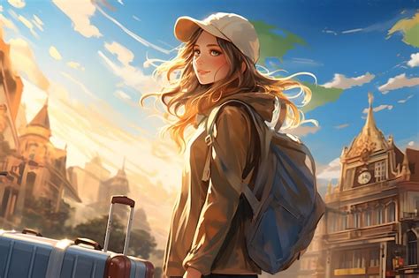 Anime Girl Traveling The World Premium Ai Generated Image