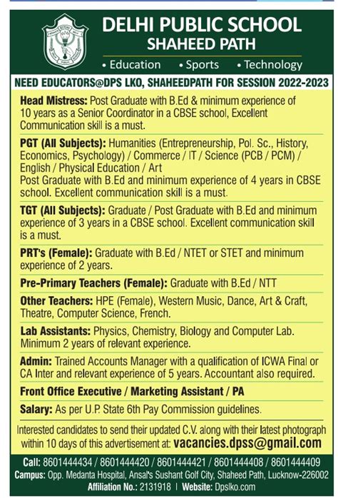Delhi Public School Shaheed Path Wanted Head Mistress Pgt Tgt Prt Pre Primary Teacher Lab
