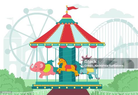 도시 놀이 공원의 아름다운 어린이 회전 목마 말이나 코끼리와 함께 회전목마를 타고 다닙니다 어린이 엔터테인먼트 회전하는 인력