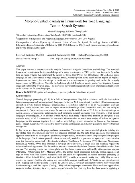 Pdf Morpho Syntactic Analysis Framework For Tone Language Text To