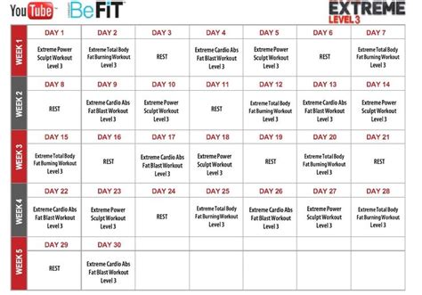 Befit 30 Extreme Level3 Workout Calendar Extreme Workouts Youtube