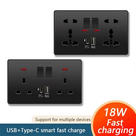 Universal 18w Fast Type C Wall 220v Power Outlet Plug Uk Black 13a Socket Switch Electrical Wall