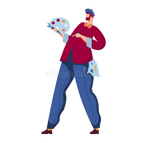 Artist Male Standing With A Palette And Brushes Wearing A Beret And