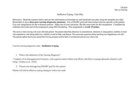 Ineffective Coping Care Plan 78 Intro To Nursing Ineffective Coping