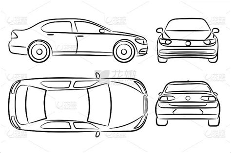 白色背景上的汽车剪影。车辆图标从侧面、前面、后面和顶部设置视图素材 花瓣网