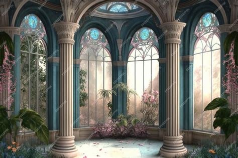Premium Photo A Room With Columns And A Window With A Flower On It