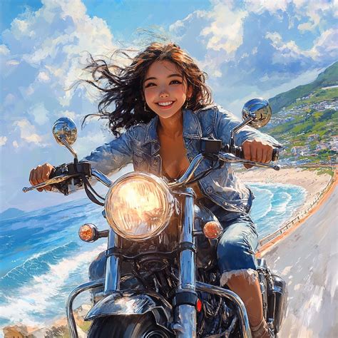 Japanese Girl Riding A Retro Motorcycle By The Seaside Premium Ai
