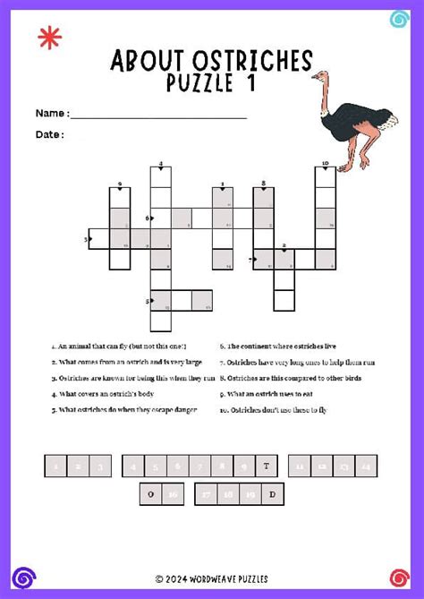 About Ostriches Crossword Puzzle Worksheet Activity Fun When Done