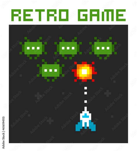 Geek Poster Space Arcade In 8 Bit Retro Video Game Style Simple 8 Bit