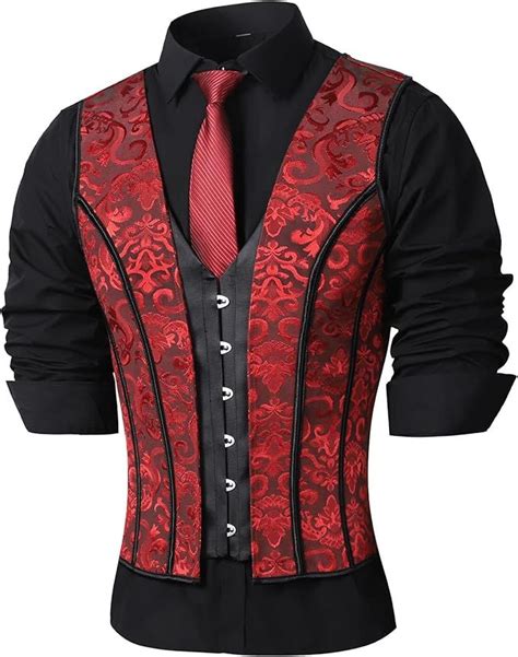 Huamyth Mens Corset Vest Wasit Trainer Red Print Medieval Waistcoat