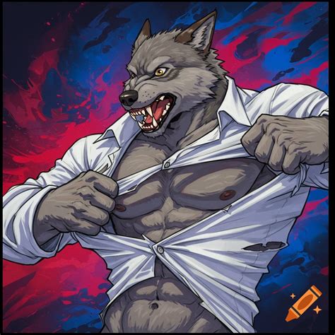 Muscular Grey Werewolf Ripping Off A White Shirt Chest Revealed In A