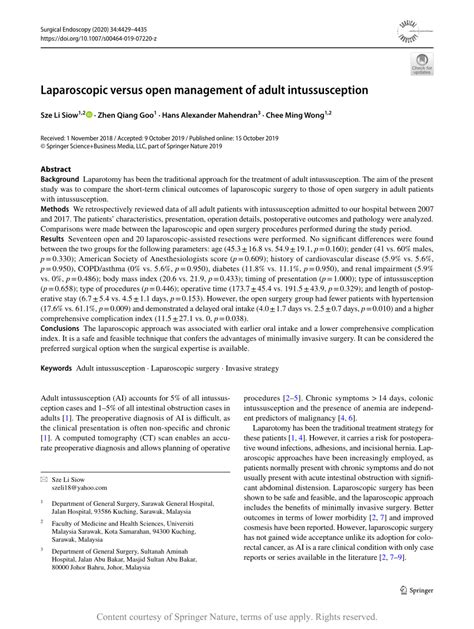 Laparoscopic Versus Open Management Of Adult Intussusception Request Pdf