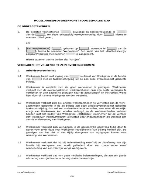 1 Model Arbeidsovereenkomst Voor Bepaalde Tijd Pdf