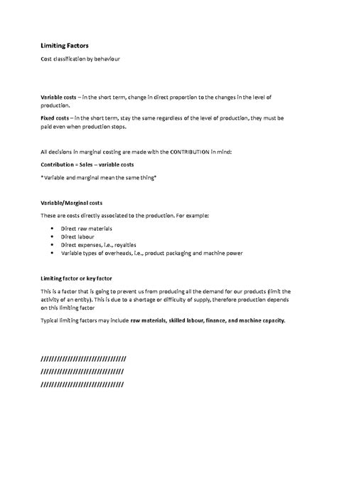 Limiting Factors 19th July Limiting Factors Cost Classification By
